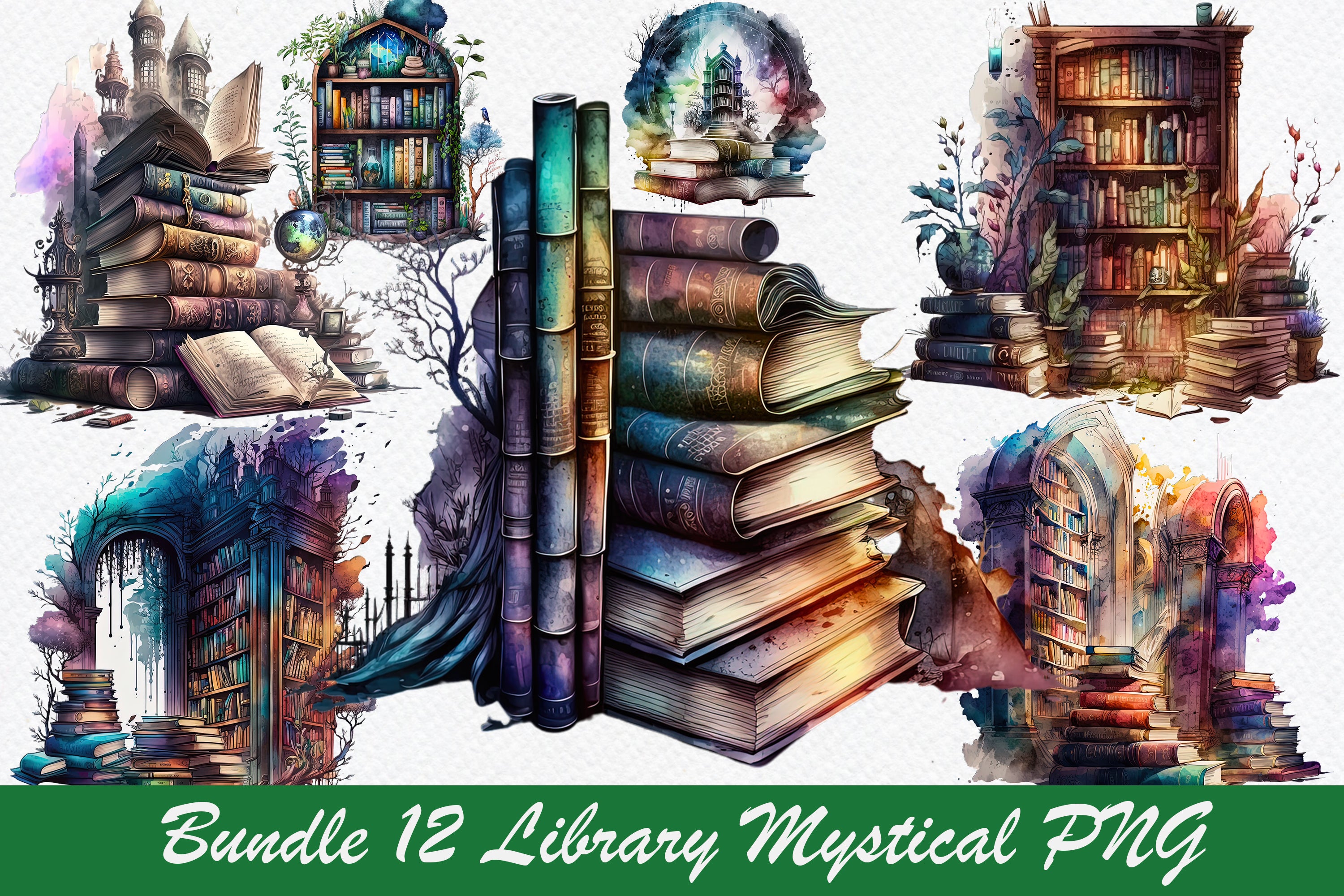 Watercolor Mystical Library Bundle Clipart PNG, Magic Books, Bookshelf