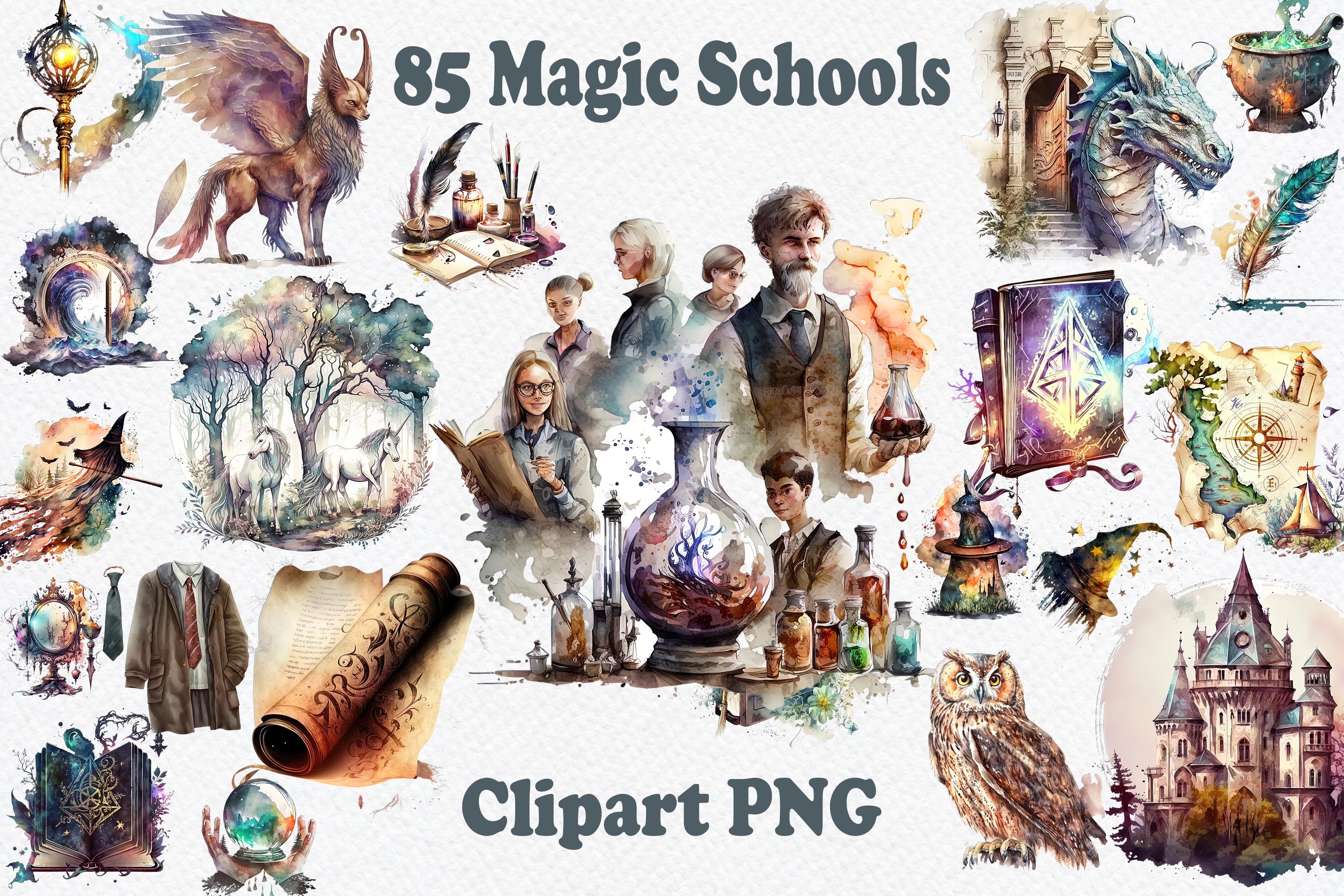 Watercolor Magic Schools Bundle 85 Clipart PNG