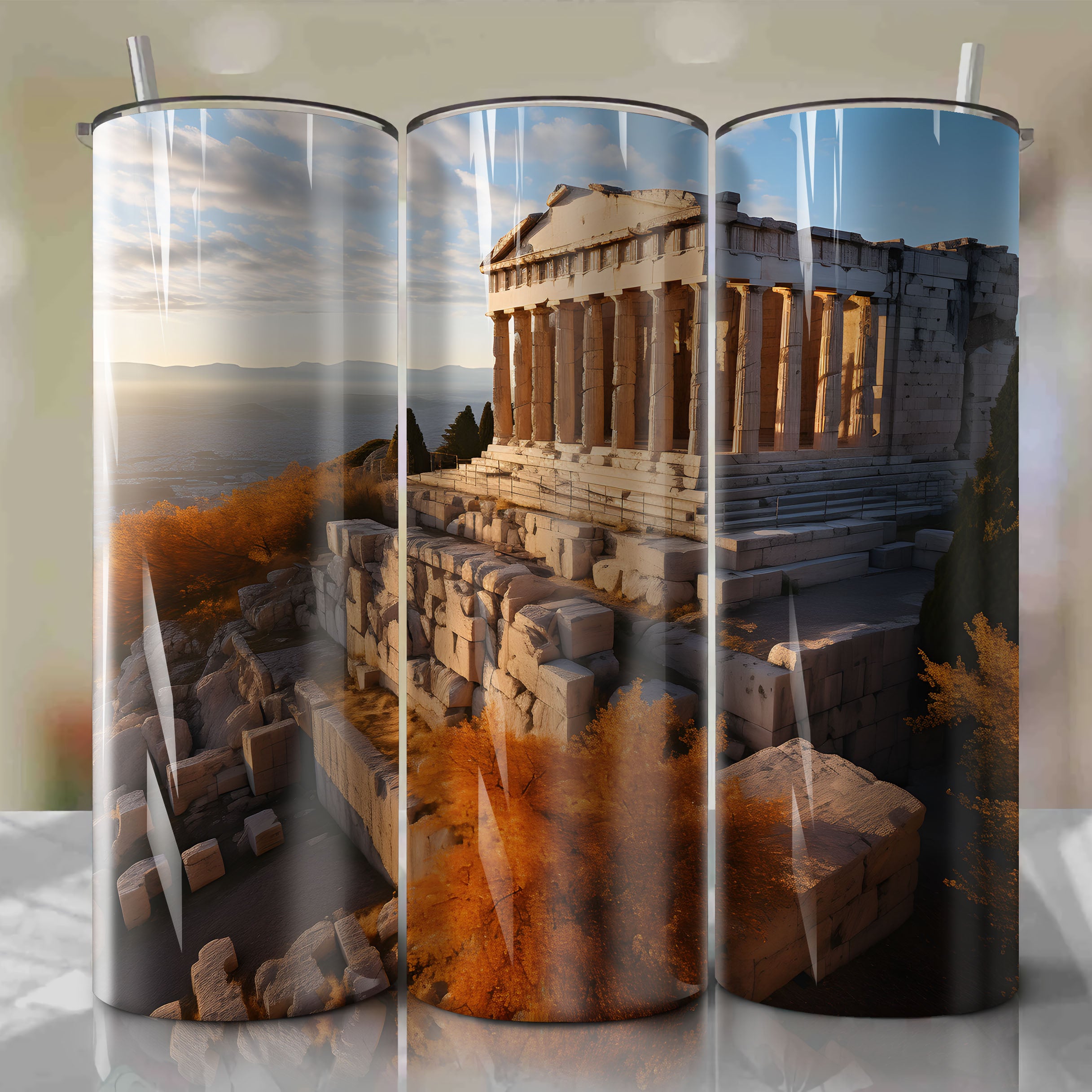 Aerial Shot of the Parthenon in Greece: Autumn Morning Sun and Waterco