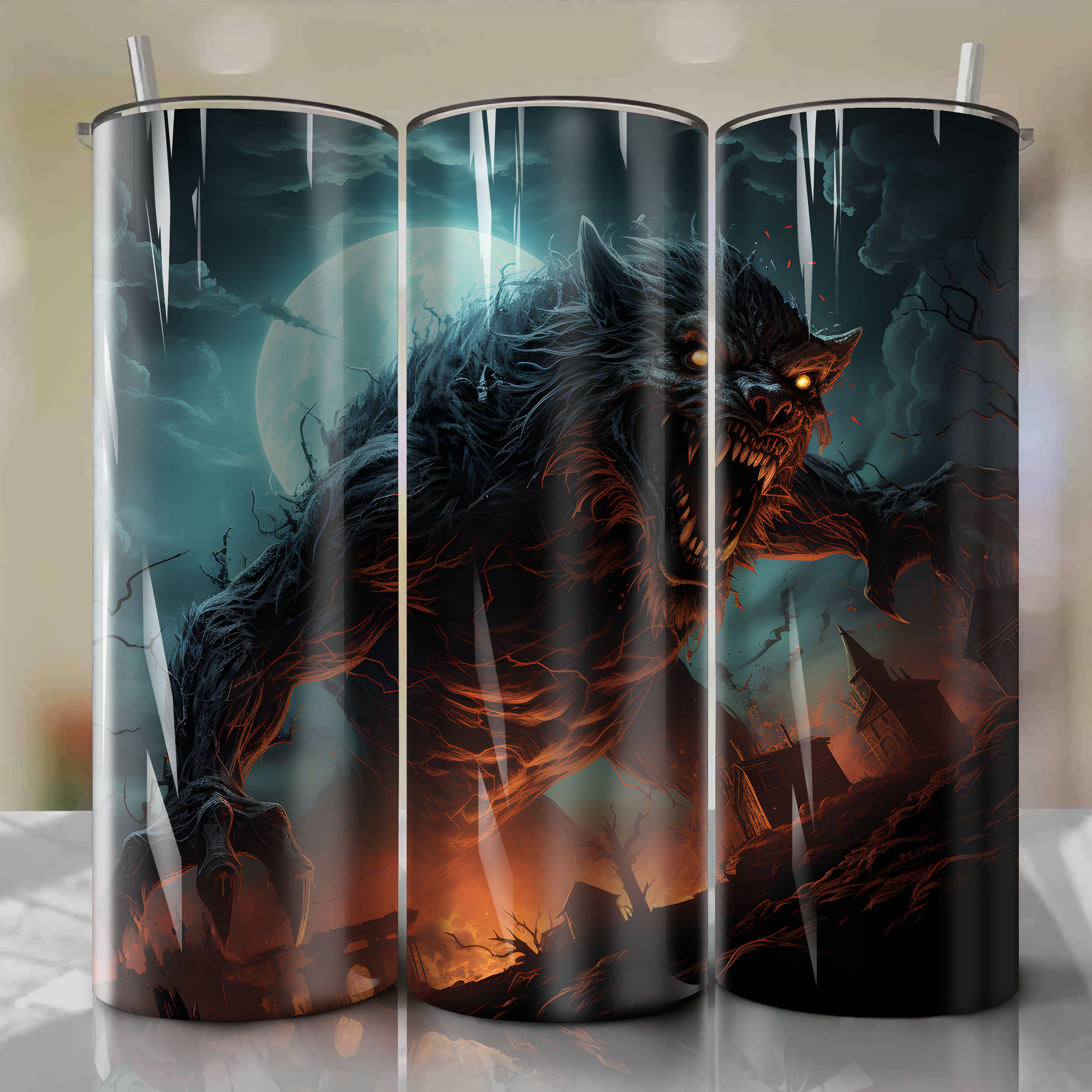 Fearsome Werewolf Unleashed: 20 Oz Tumbler Wrap with Haunting Artwork