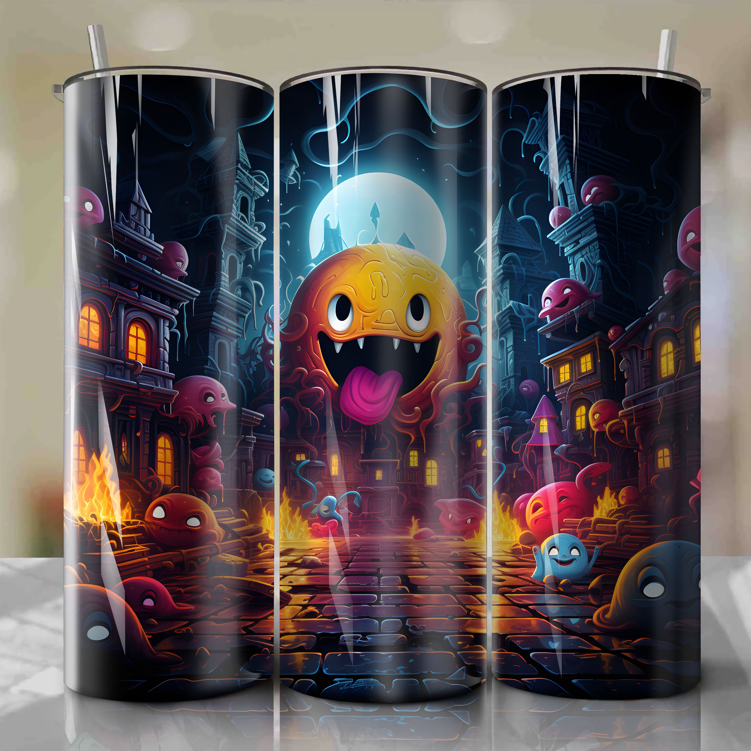 Colorful and Artistic 3D Illustration of Ms. Pac-Man and the Crack in