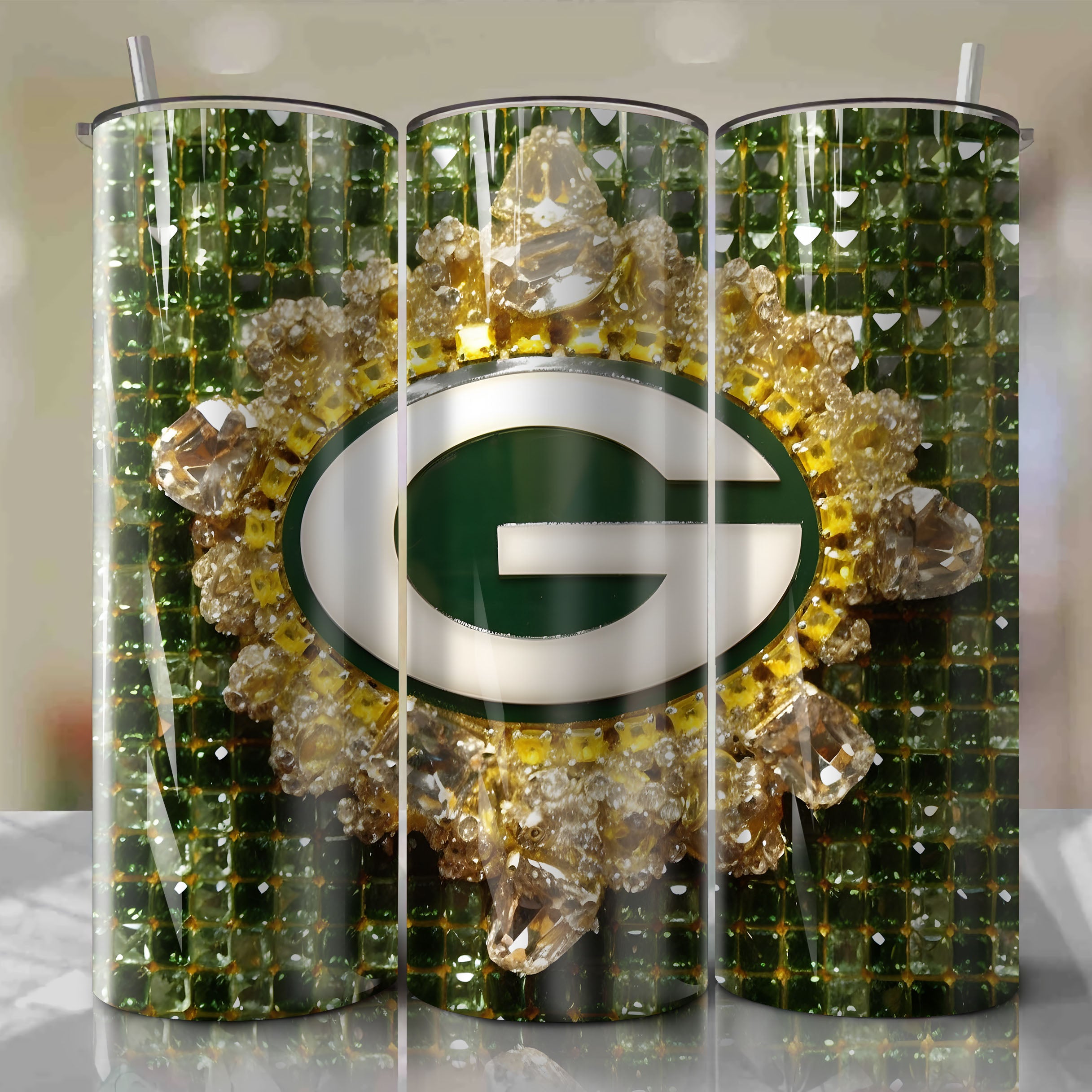 Green Bay Packers Football Logo | 3D Bling | Wrap PNG Skinny Tumbler 2