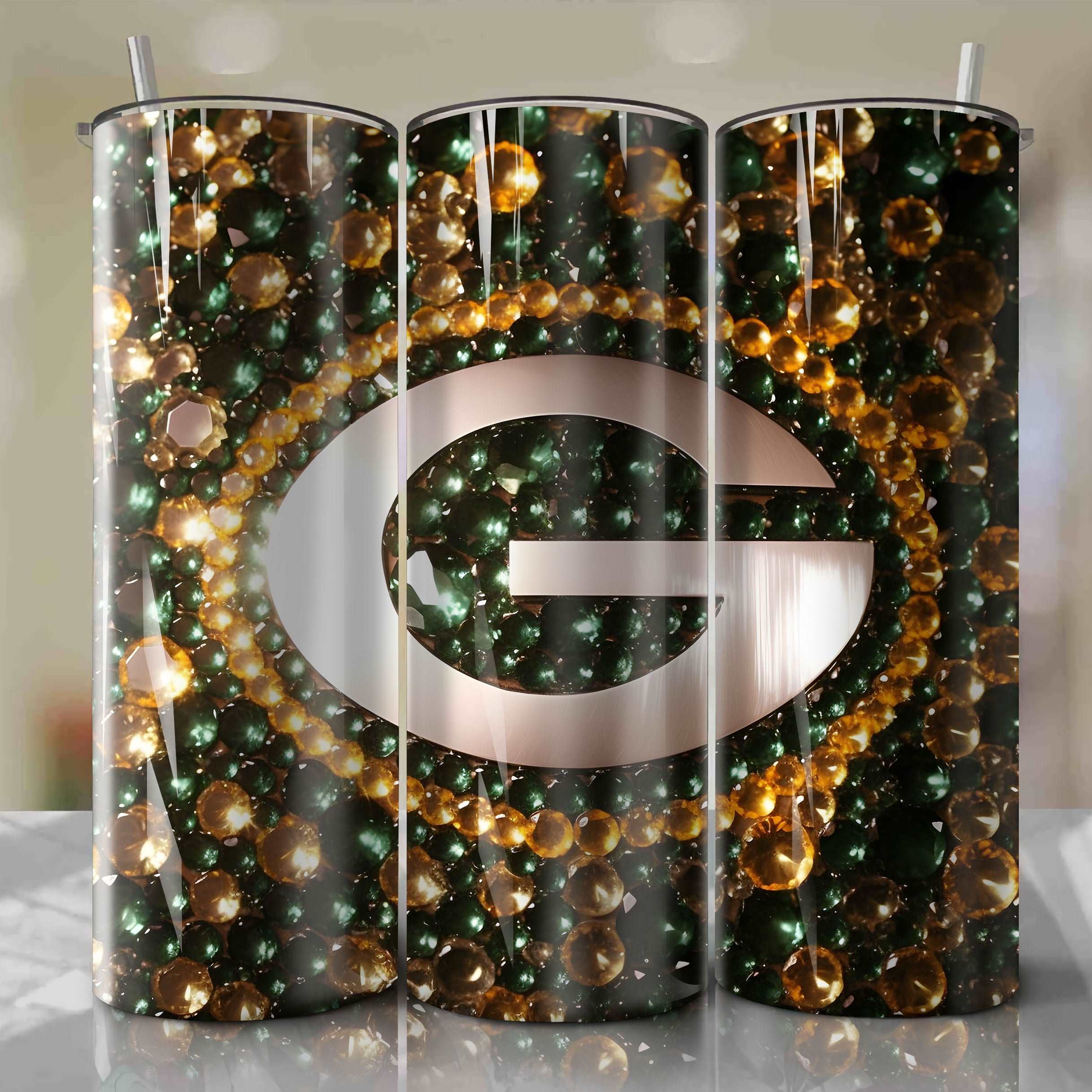 Premium 3D Bling Green Bay Packers Football Logo Wrap for 20oz Skinny