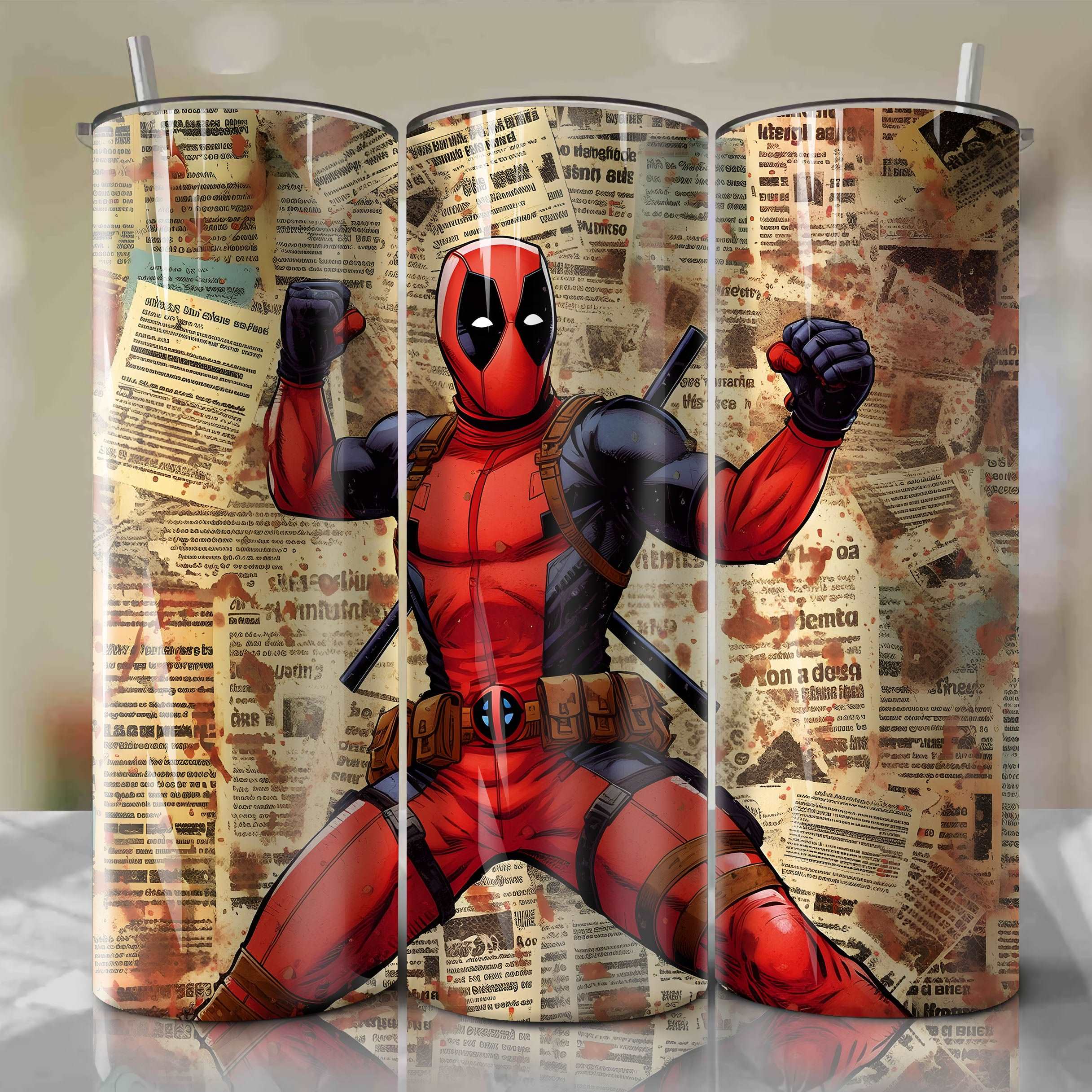 Deadpool Cartoon Newspaper Wrap PNG Skinny Tumbler 20oz - Sublimation