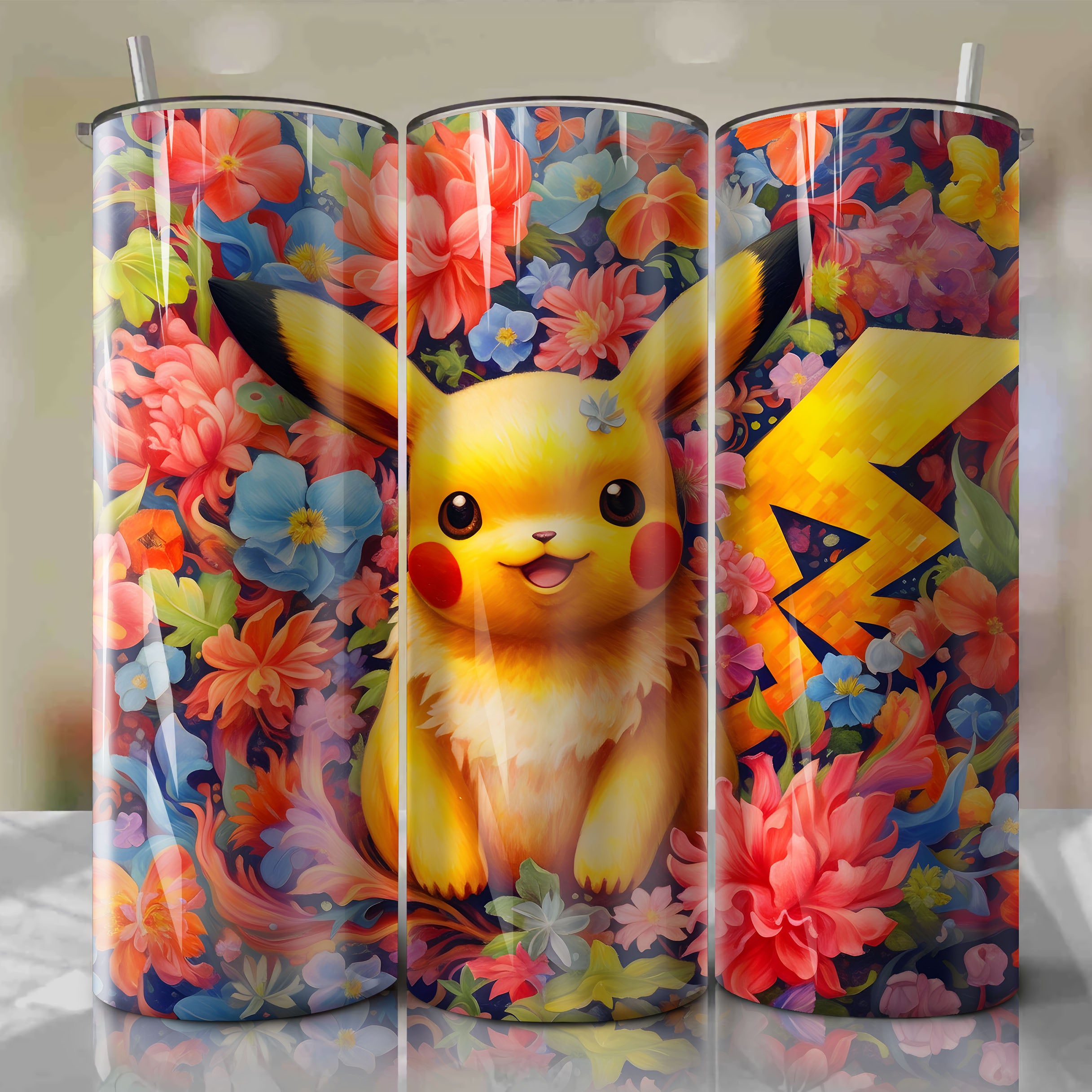 Pikachu 3D Floral Skinny Tumbler 20oz Wrap PNG - Sublimation