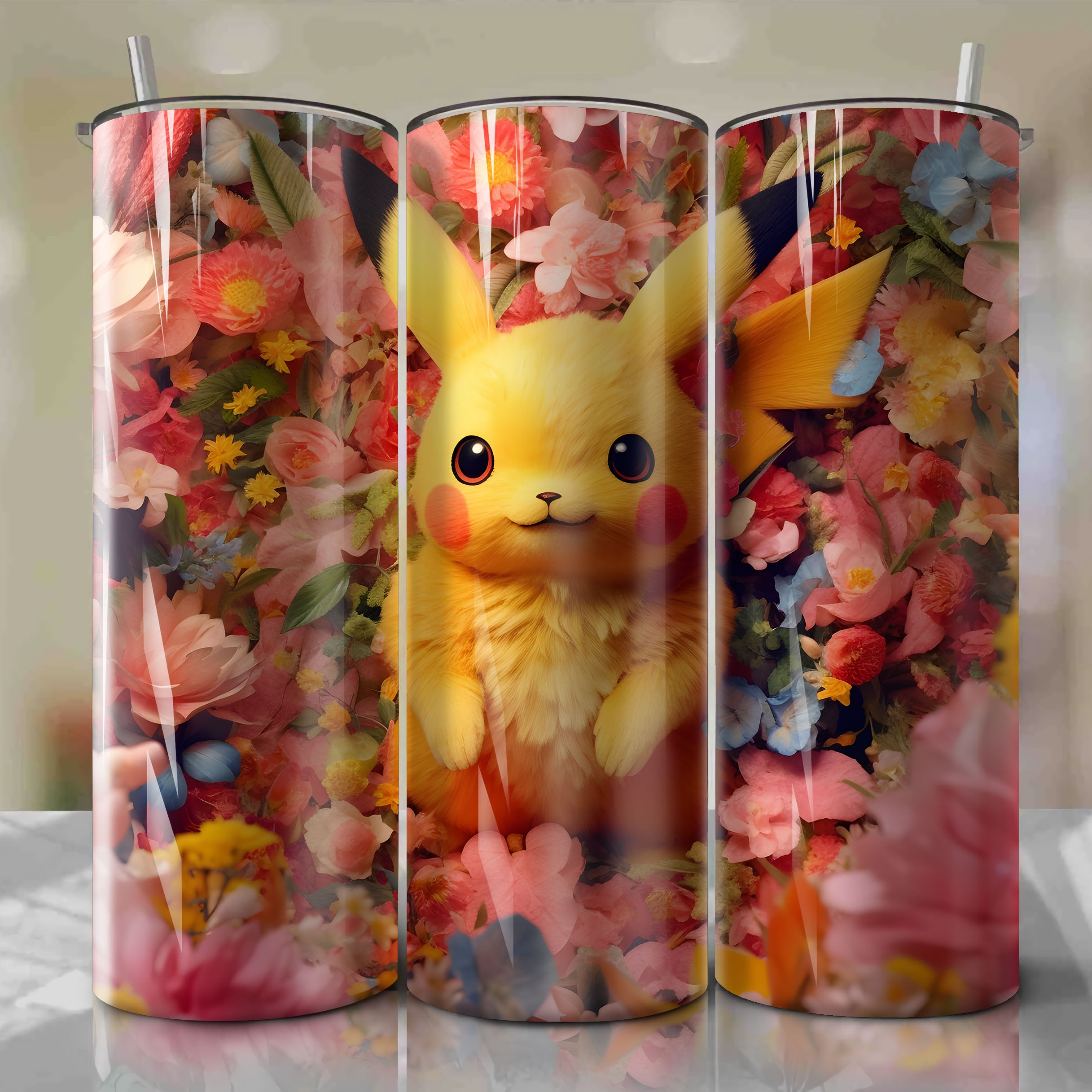 Pikachu 3D Floral Pattern on 20oz Skinny Tumbler Wrap - Sublimation Re