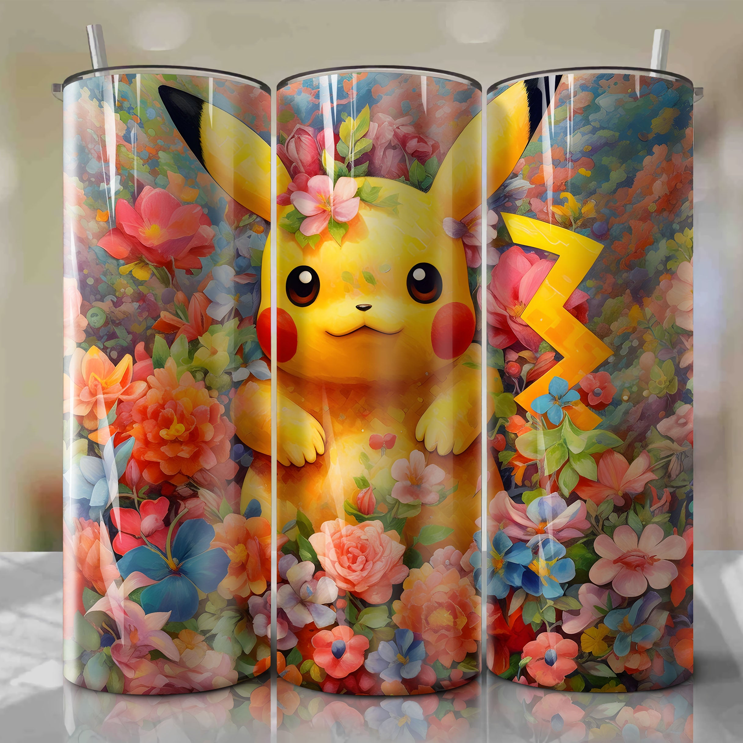 Vibrant Pikachu 3D Floral Skinny Tumbler Wrap for Sublimation Printing