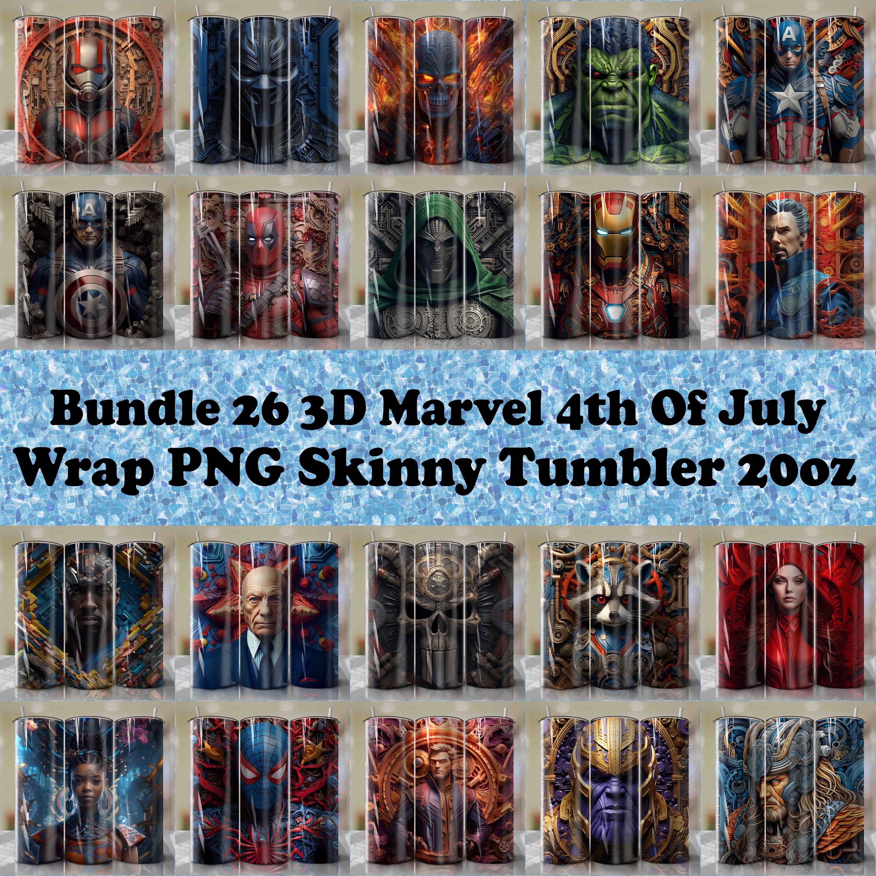 Bundle 26 Marvel Wrap PNG Skinny Tumbler 20oz - Sublimation 3D 4th Of