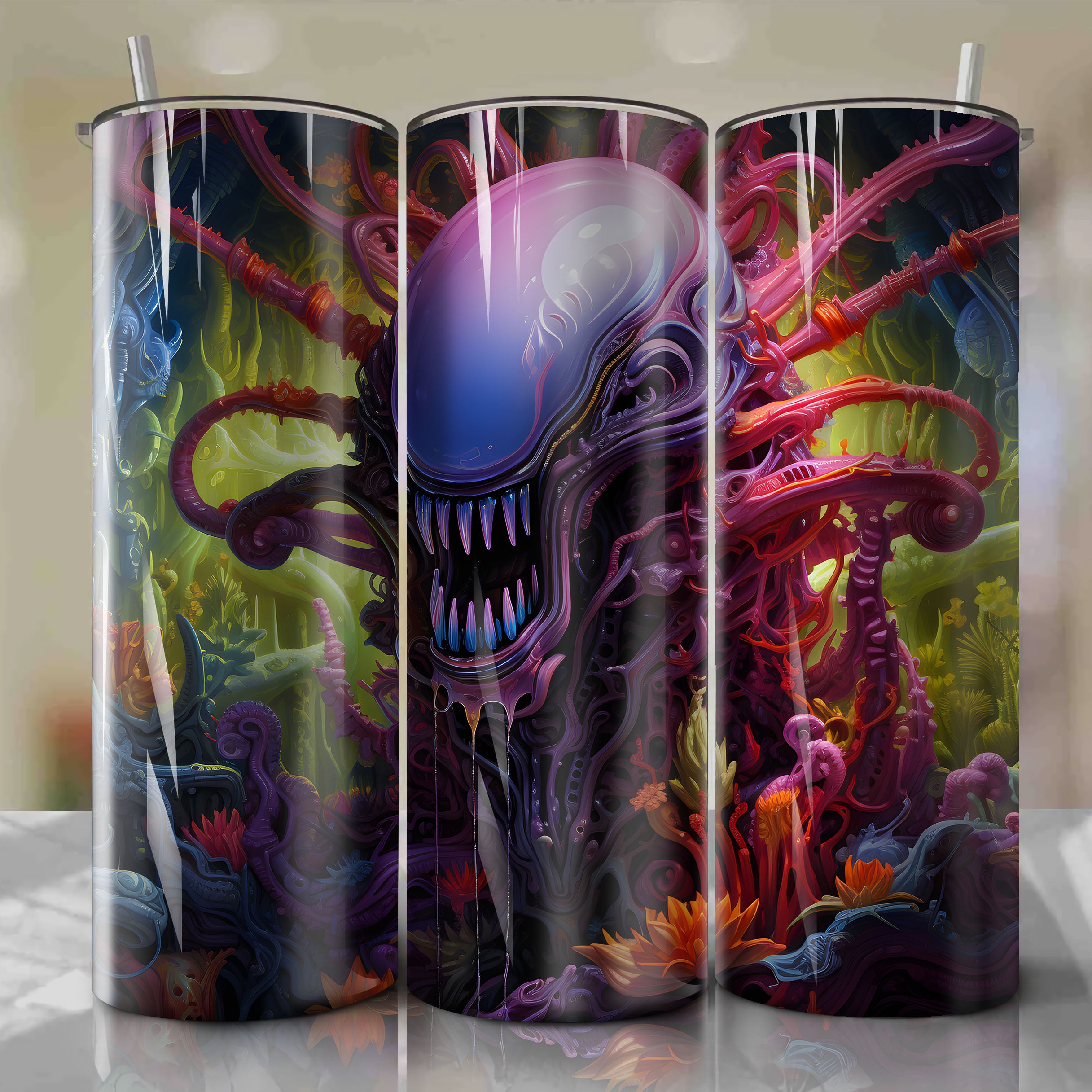 Vibrant and Psychedelic Alien Tumbler Wrap Designs for 20 oz Straight
