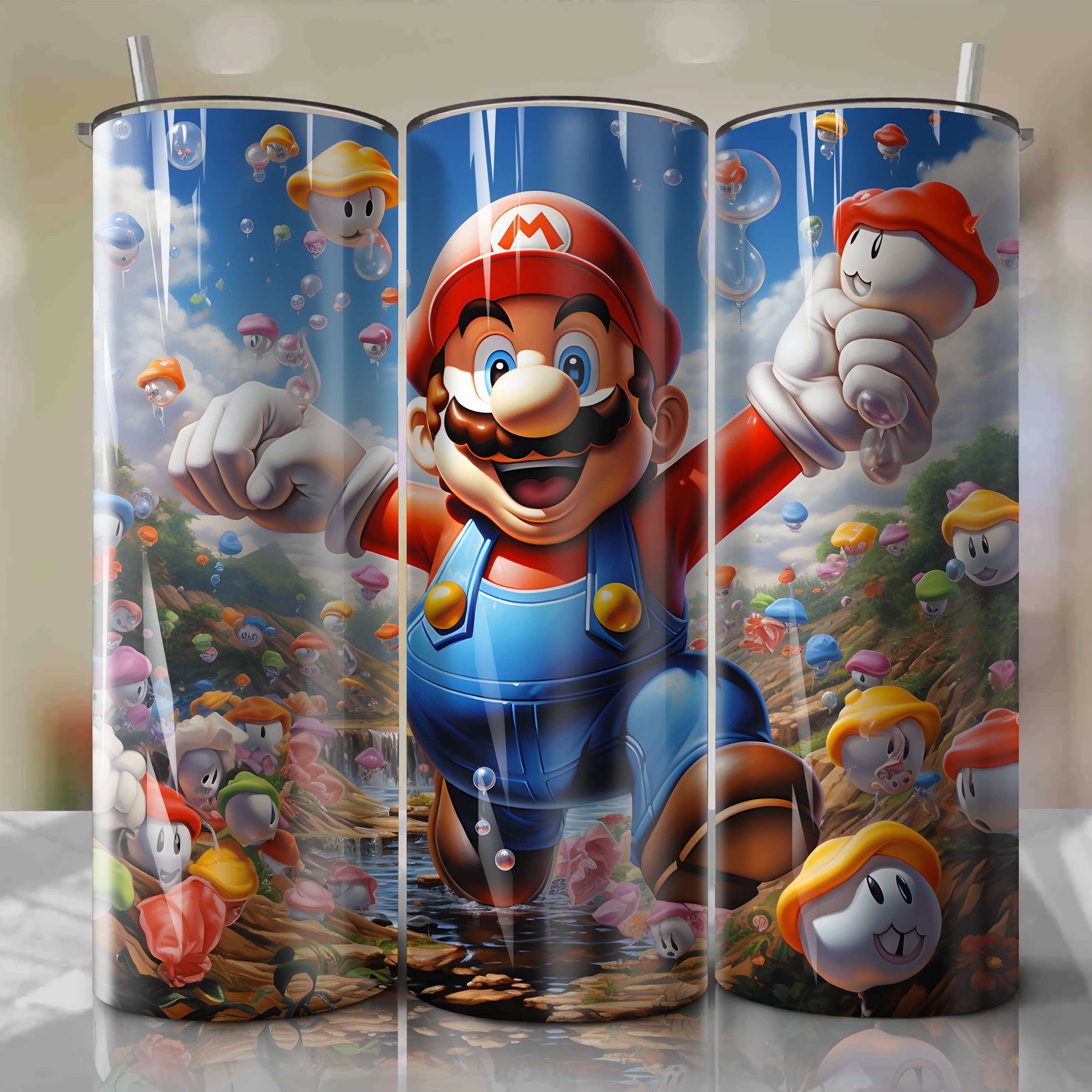 Colorful and Playful Digital Painting of Mario Mario Leaping over Goom