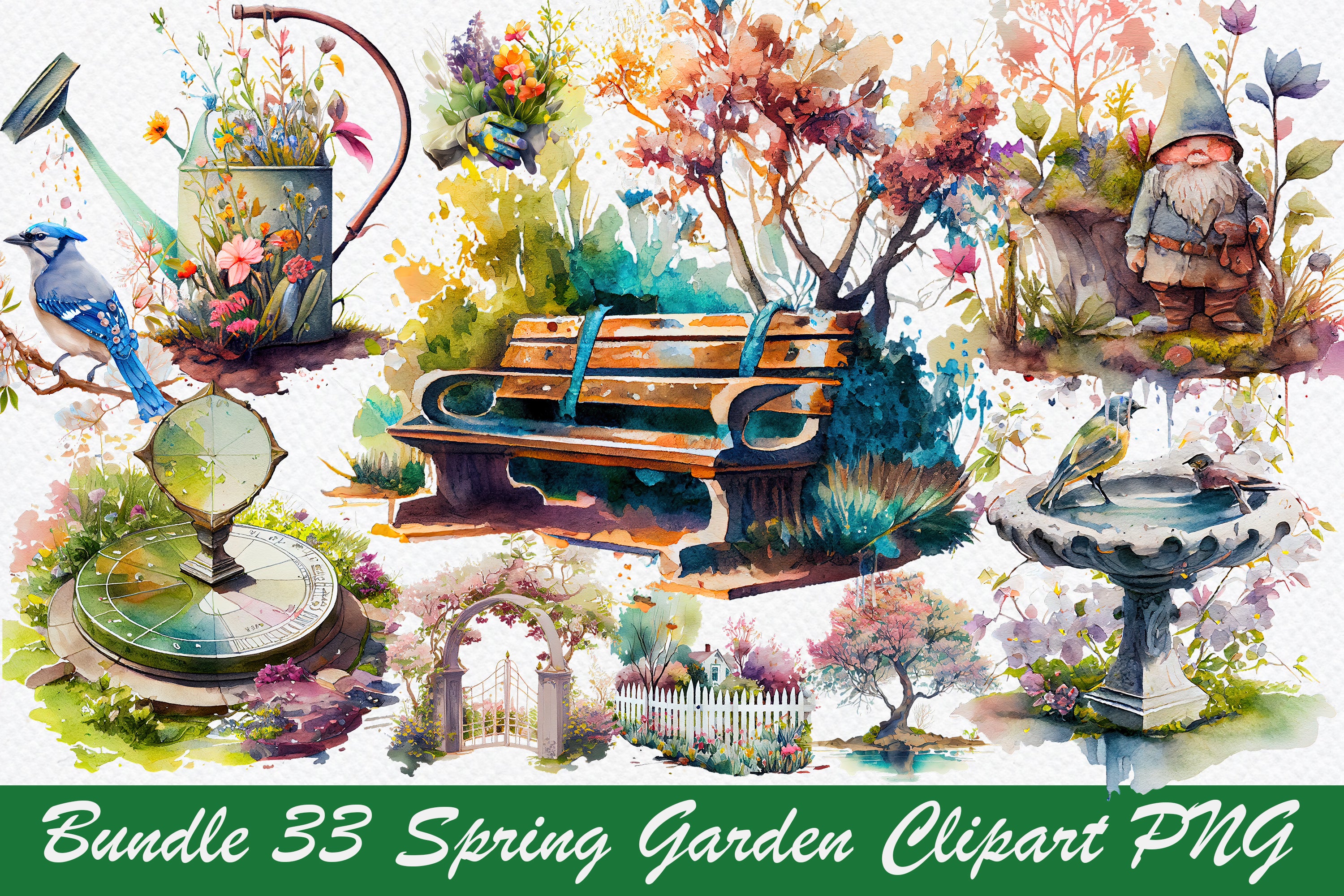 Watercolor Spring Garden Bundle Clipart PNG, Greenery, Floral Clip Art